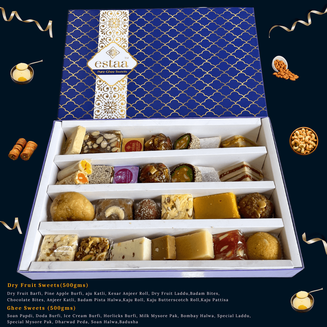 Sweets Gift Box - Assorted Ghee & Dry Fruit Sweets(1000gms) – Estaa Sweets
